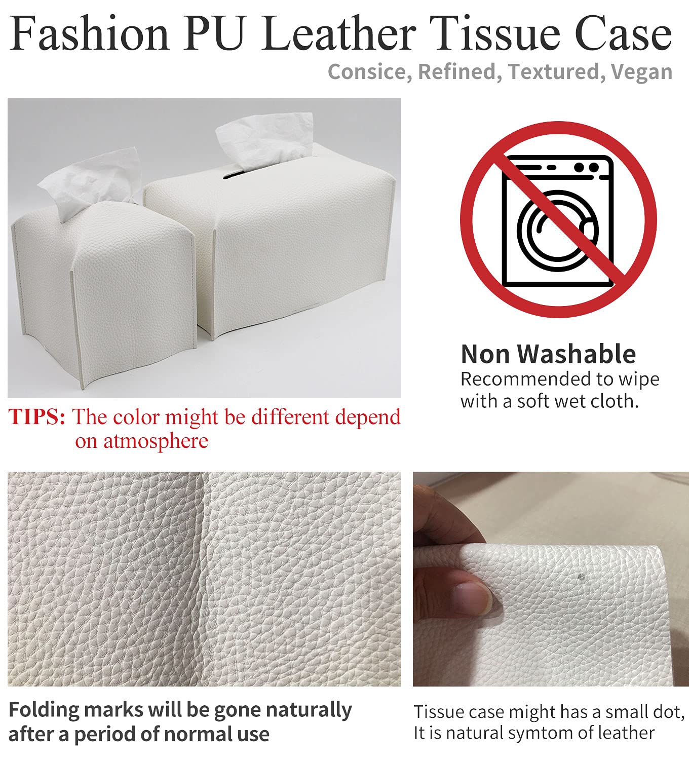 Livelab Tissue Box Cover, Modern Decorative PU Leather Rectangular Tissue Box Case Organizer Holder for Vanity Countertop, Night Stands, Livingroom, Office Desk & Car 9.5X5X5'' | Off White