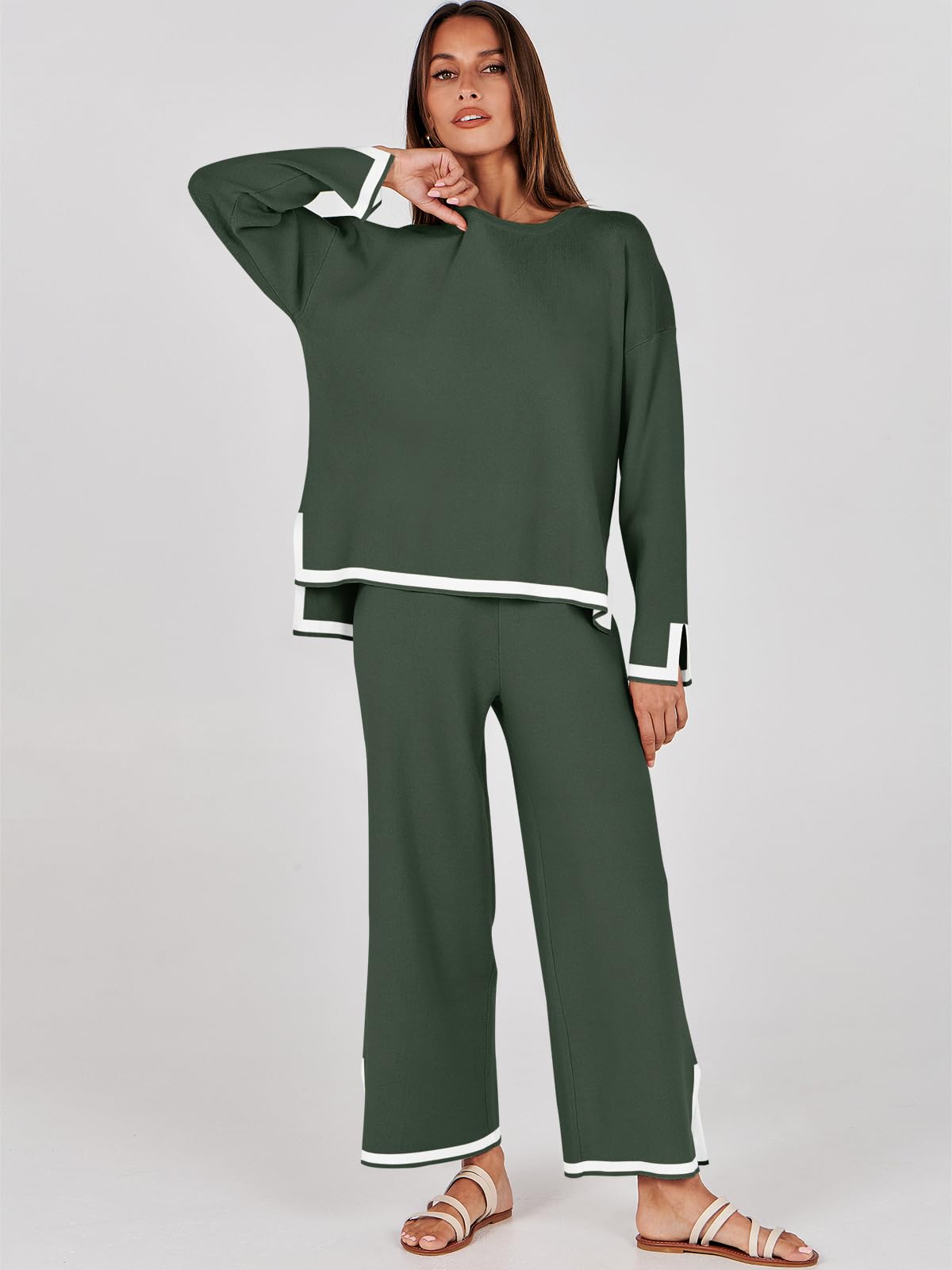 ANRABESS Women's Two Piece Outfits Long Sleeve Knit Pullover Sweater Tops & Wide leg Pants Casual Lounge Matching Sweatsuit Tracksuits Sets Army Green Large