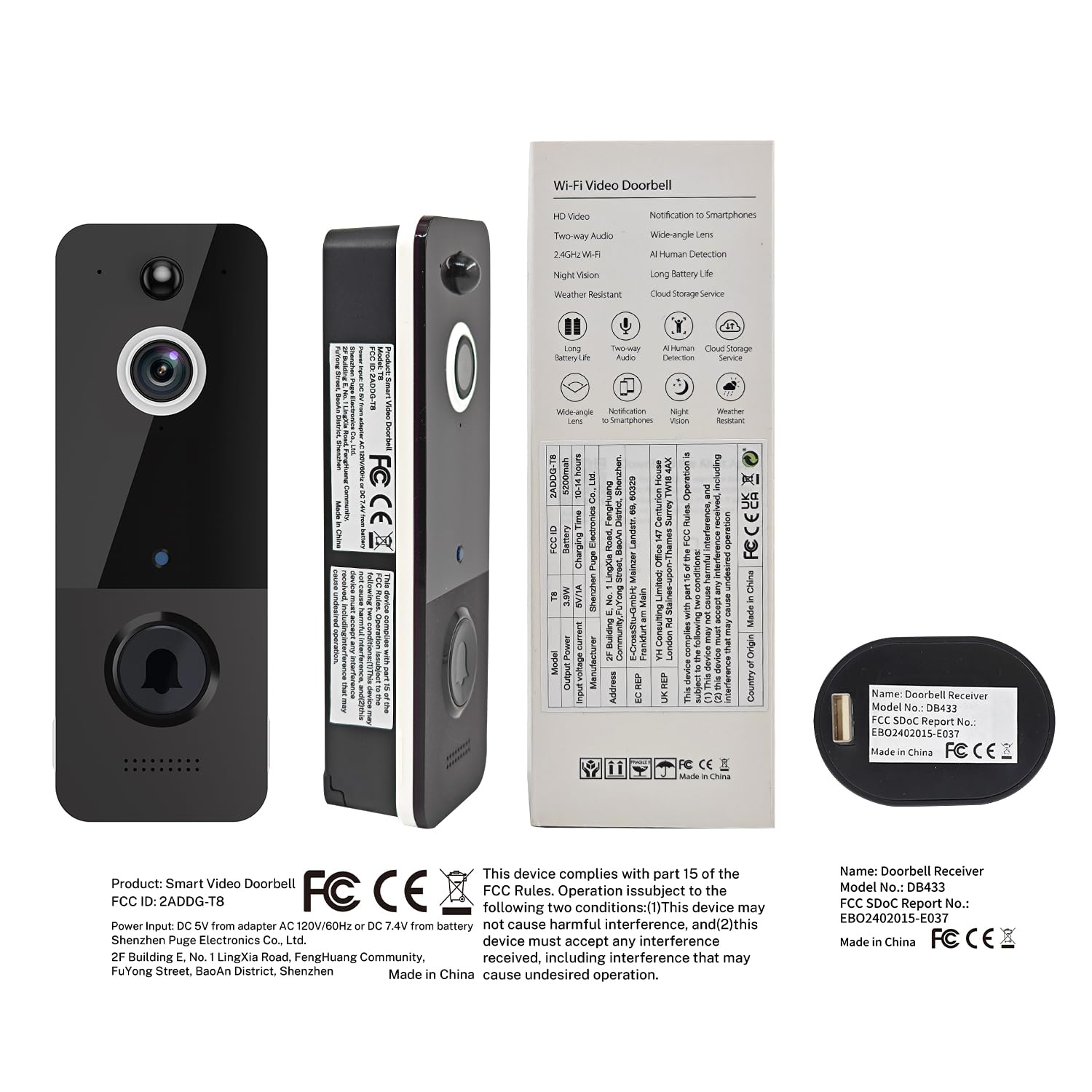 Biglory Video Doorbell Camera Wireless with Chime, AI Human Detection, 2-Way Audio, Live View, 2.4G WiFi, Night Vision, Cloud Storage, Battery Powered, Indoor Outdoor Surveillance