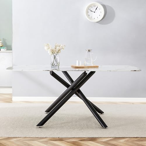 71" Modern Kitchen Rectangular Glass Dining Table, Imitation Marble Black Table top and Gold Metal Legs, Fiber Tempered Glass, Living Room Glass Table, Conference Room Glass Table (White + Black)
