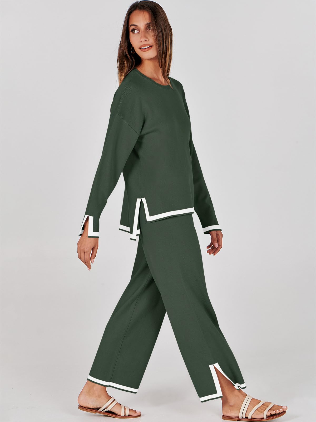 ANRABESS Women's Two Piece Outfits Long Sleeve Knit Pullover Sweater Tops & Wide leg Pants Casual Lounge Matching Sweatsuit Tracksuits Sets Army Green Large