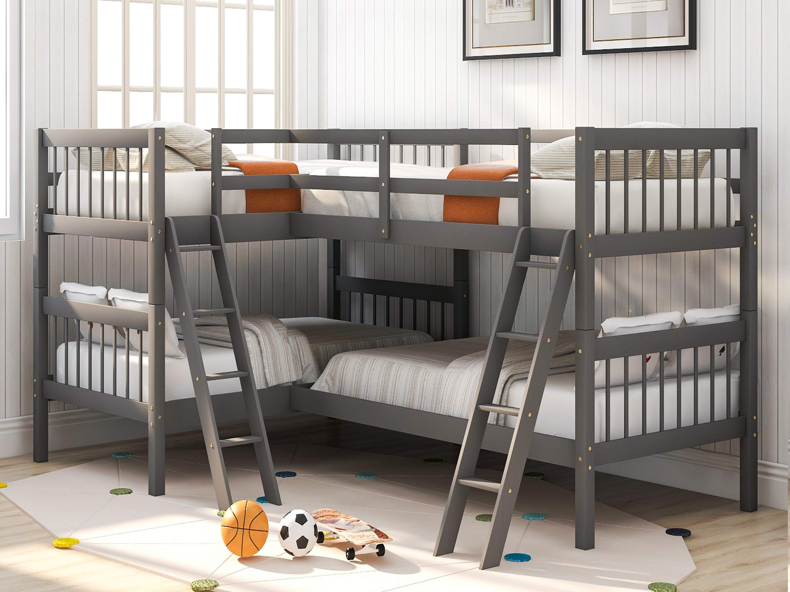 P PURLOVE Twin Over Twin Bunk Bed, L-Shaped Twin Size Bunk Bed Frame Wood Slat Support No Box Spring Needed (Gray)