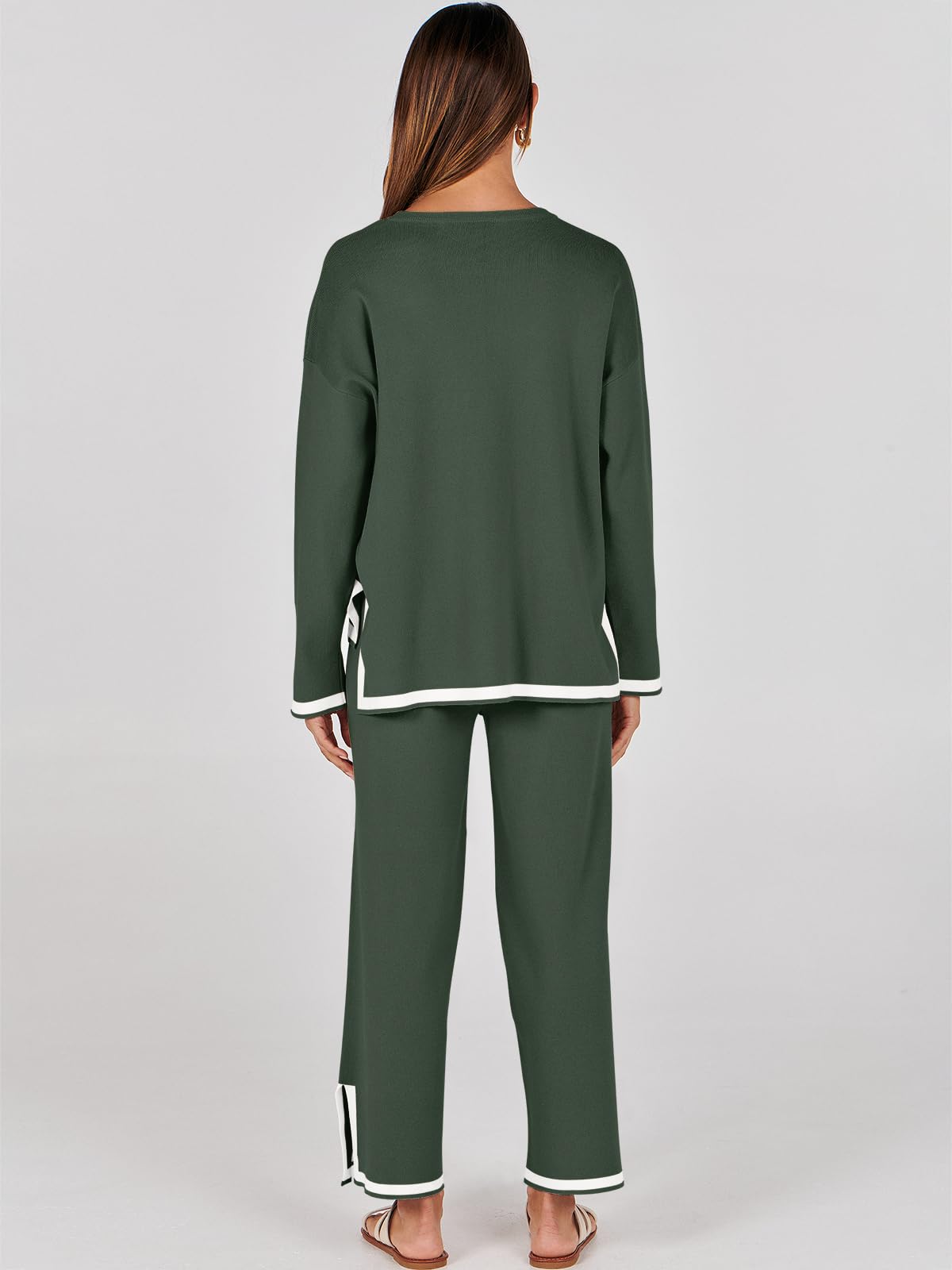ANRABESS Women's Two Piece Outfits Long Sleeve Knit Pullover Sweater Tops & Wide leg Pants Casual Lounge Matching Sweatsuit Tracksuits Sets Army Green Large