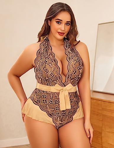 Avidlove Plus Size Teddy Lingerie for Women Lace Bodysuit Sexy Babydoll Black Skin 22W
