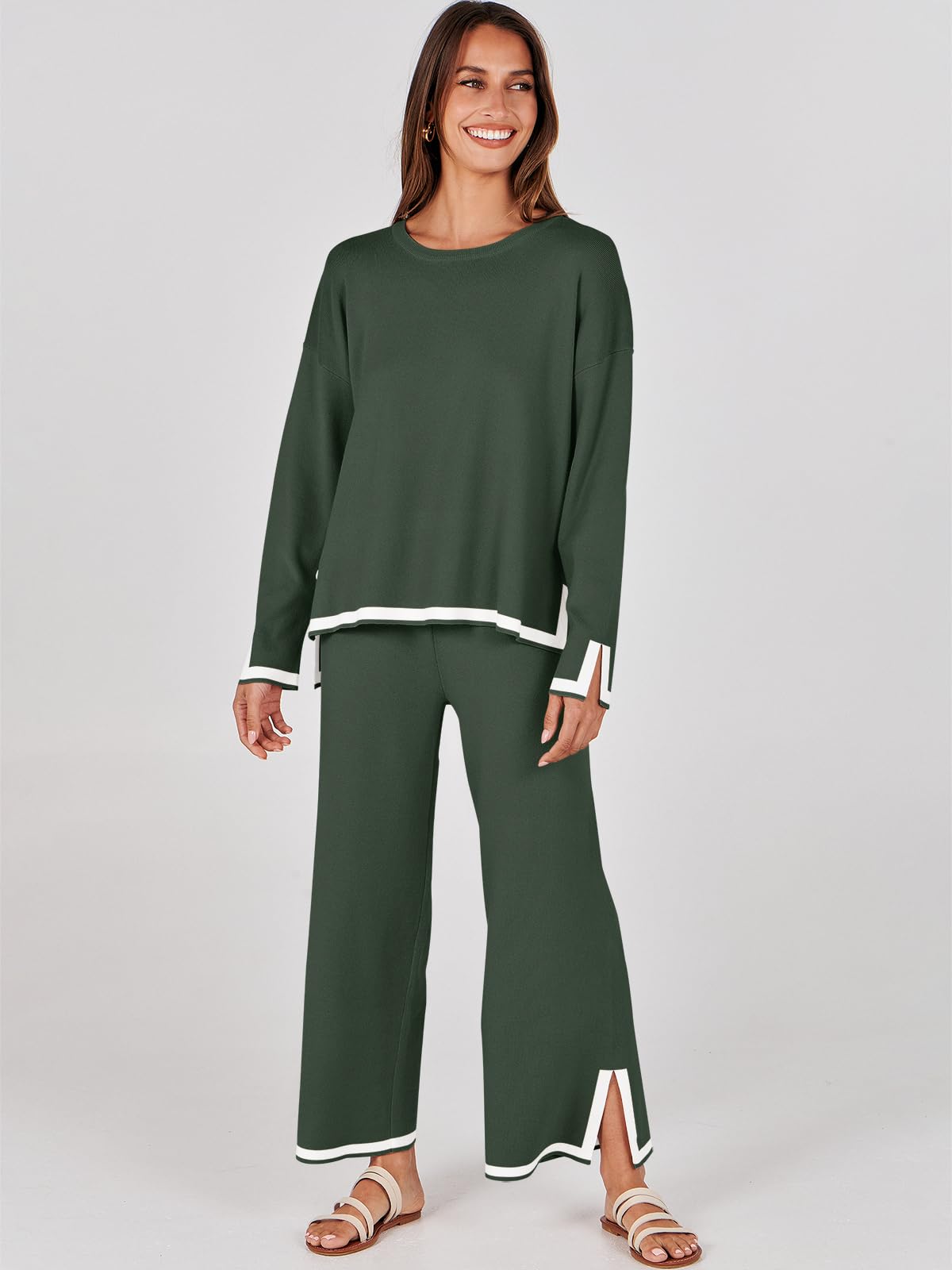 ANRABESS Women's Two Piece Outfits Long Sleeve Knit Pullover Sweater Tops & Wide leg Pants Casual Lounge Matching Sweatsuit Tracksuits Sets Army Green Large