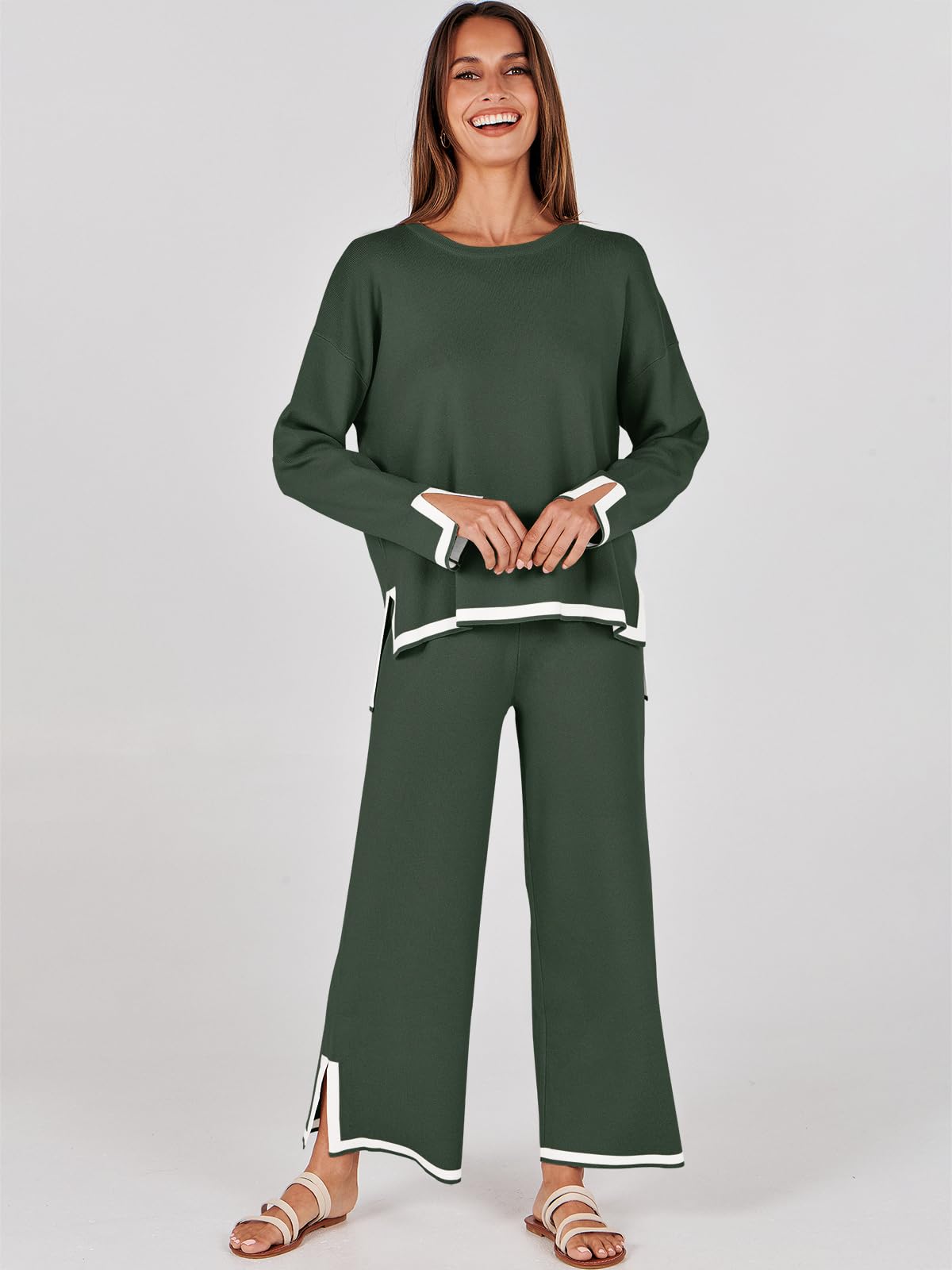 ANRABESS Women's Two Piece Outfits Long Sleeve Knit Pullover Sweater Tops & Wide leg Pants Casual Lounge Matching Sweatsuit Tracksuits Sets Army Green Large