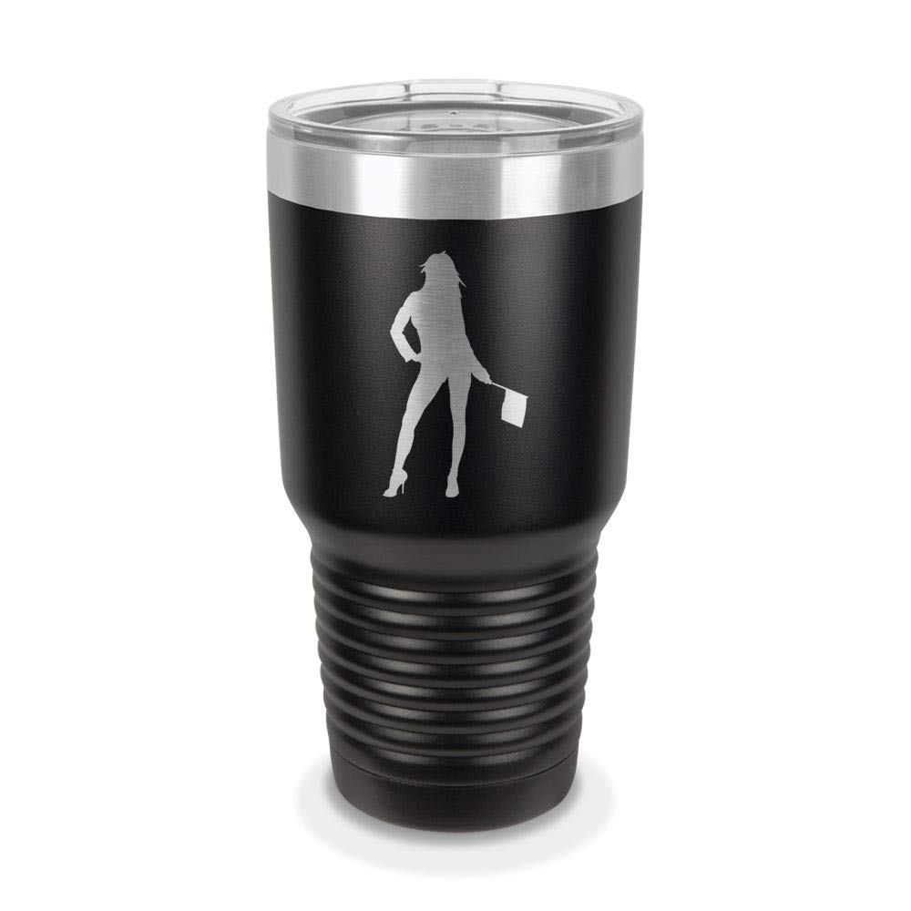 Sexy Racer Girl Holding Flag 30 oz Laser Engraved Polar Camel Stainless Steel Vacuum Insulated Tumbler w/Clear Lid jdm kdm import turbo drift - Customizable - Black