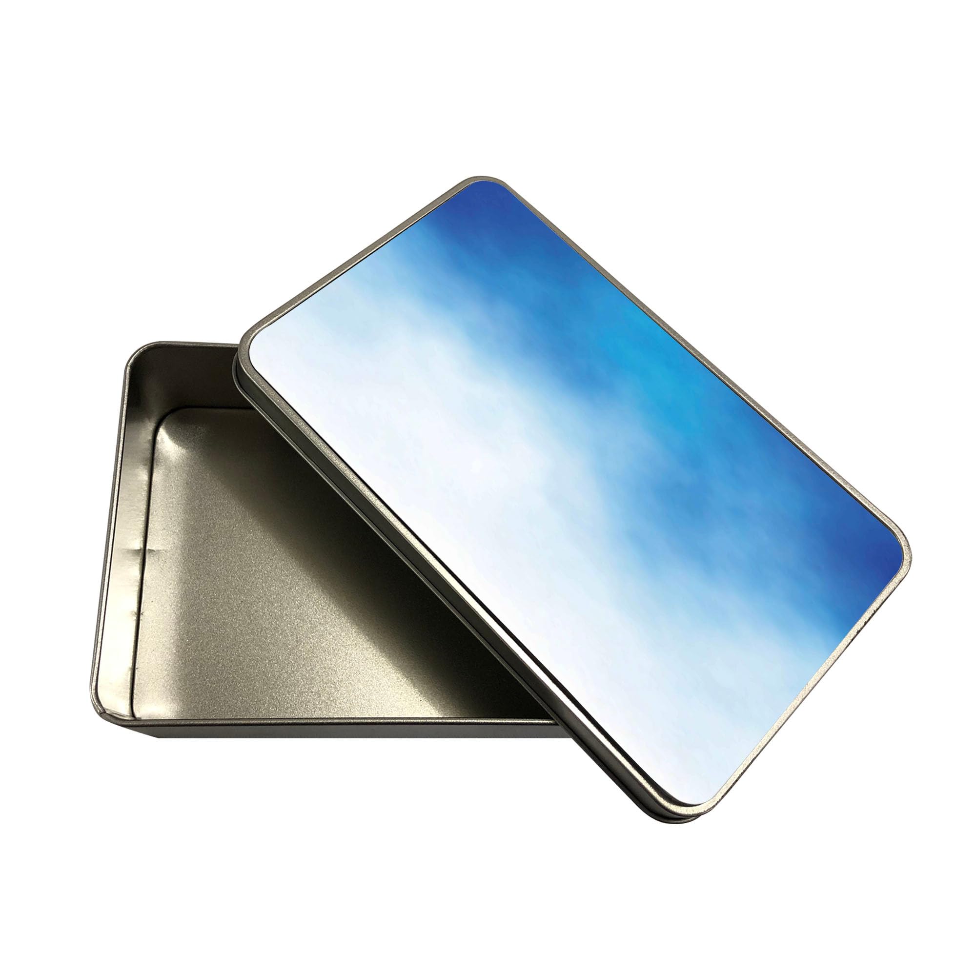 Ambesonne Blue Metal Box, White Cloud Detail in Clear Blue Sky Summertime Smoky Atmosphere Warm Weather Image, Multi-Purpose Rectangular Tin Box Container with Lid, 7.2" X 4.7" X 2.2", Blue White