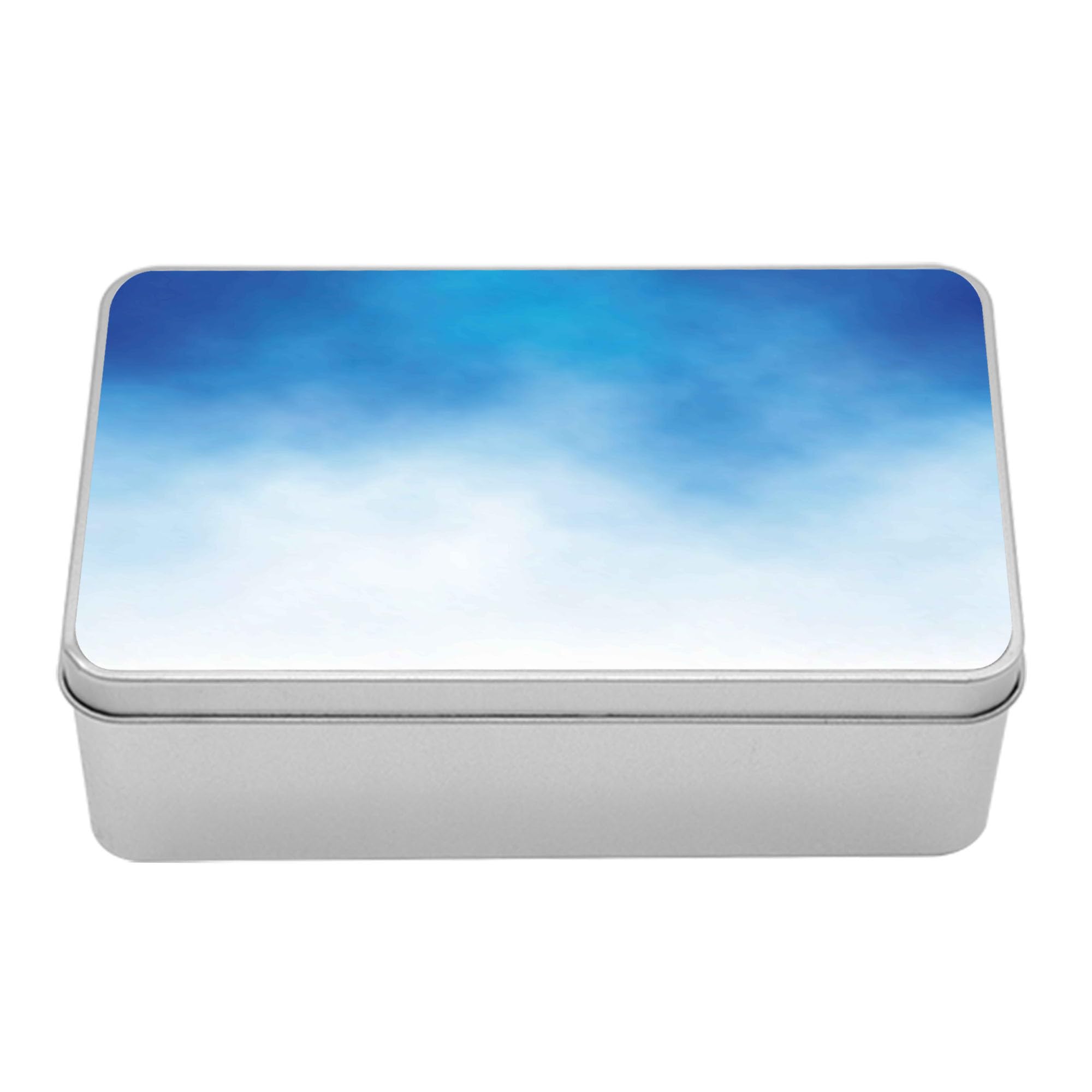 Ambesonne Blue Metal Box, White Cloud Detail in Clear Blue Sky Summertime Smoky Atmosphere Warm Weather Image, Multi-Purpose Rectangular Tin Box Container with Lid, 7.2" X 4.7" X 2.2", Blue White