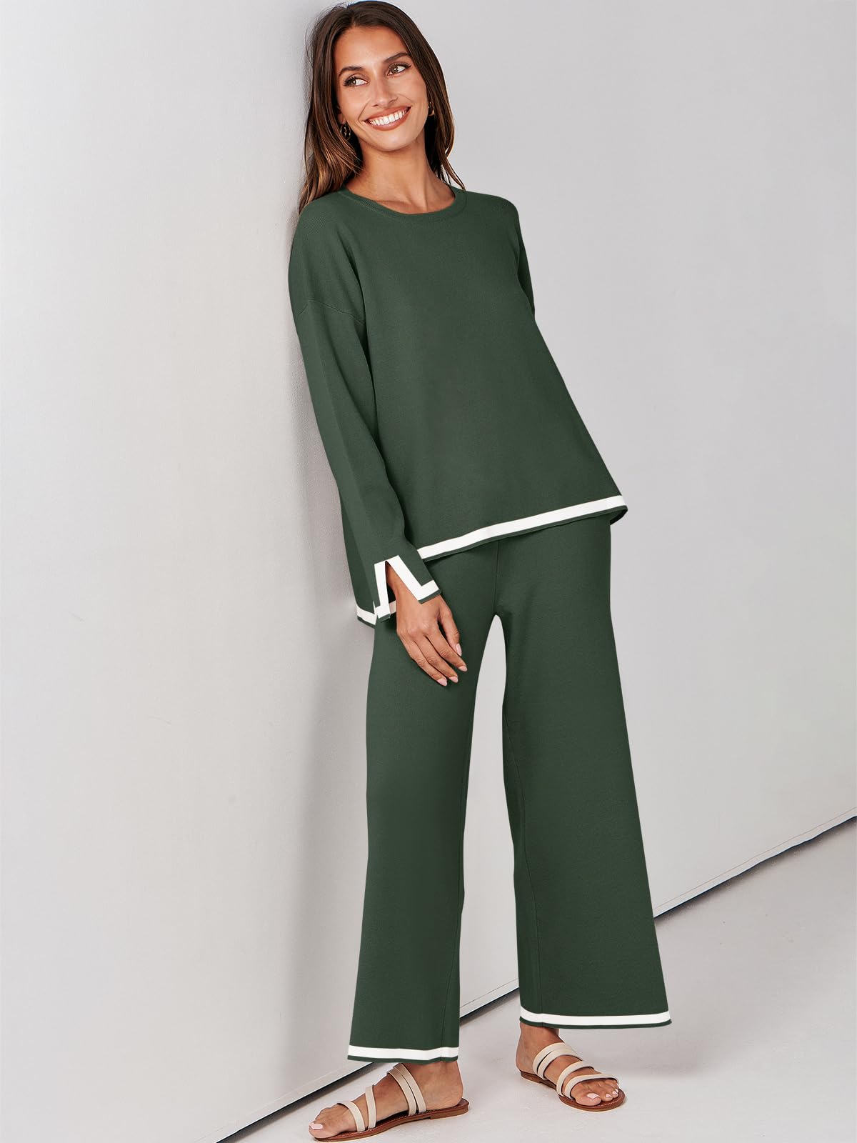 ANRABESS Women's Two Piece Outfits Long Sleeve Knit Pullover Sweater Tops & Wide leg Pants Casual Lounge Matching Sweatsuit Tracksuits Sets Army Green Large
