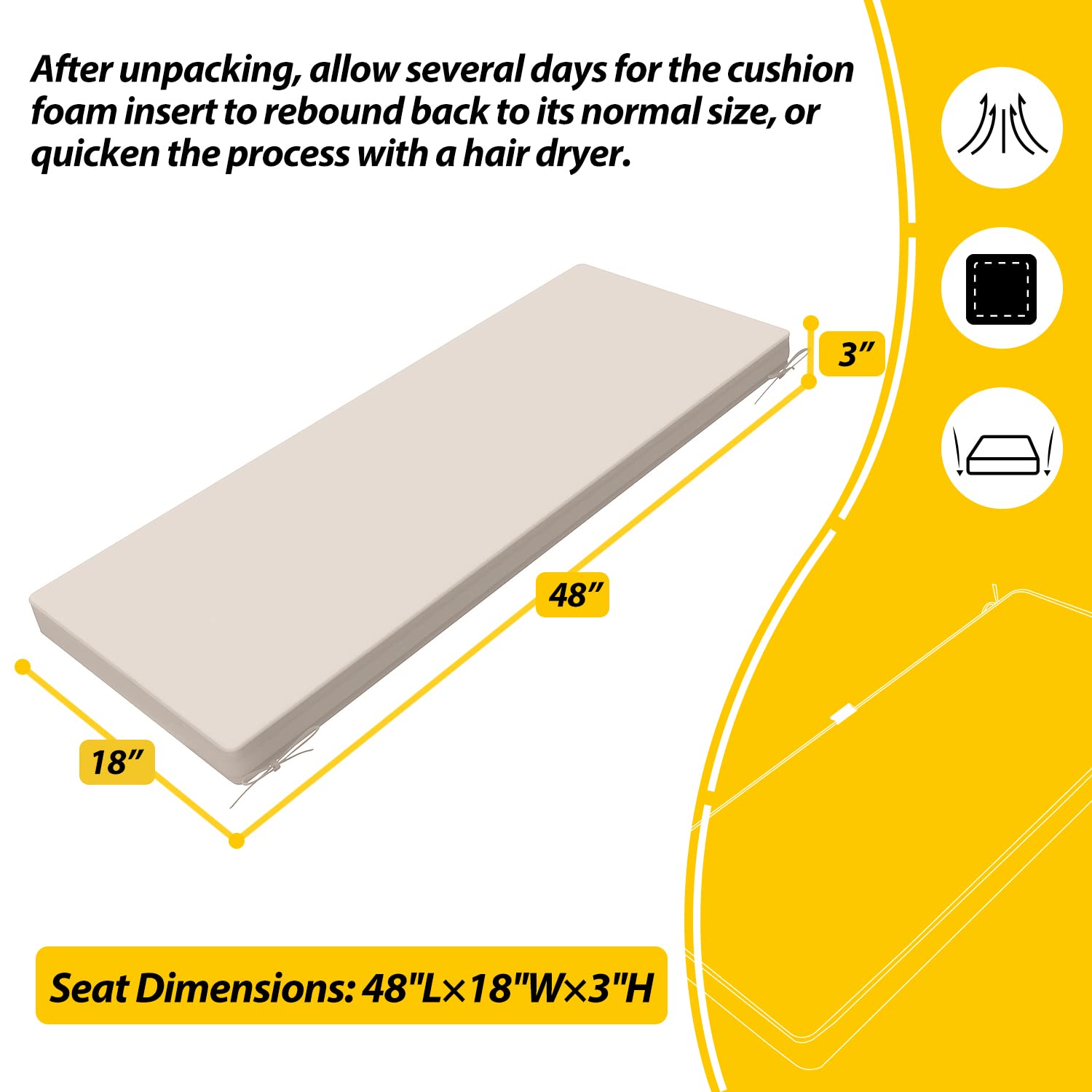 AAAAAcessories Outdoor/Indoor Bench Cushion for Patio Furniture Bench/Swing/Settee, 48 x 18 x 3 Inch, Beige