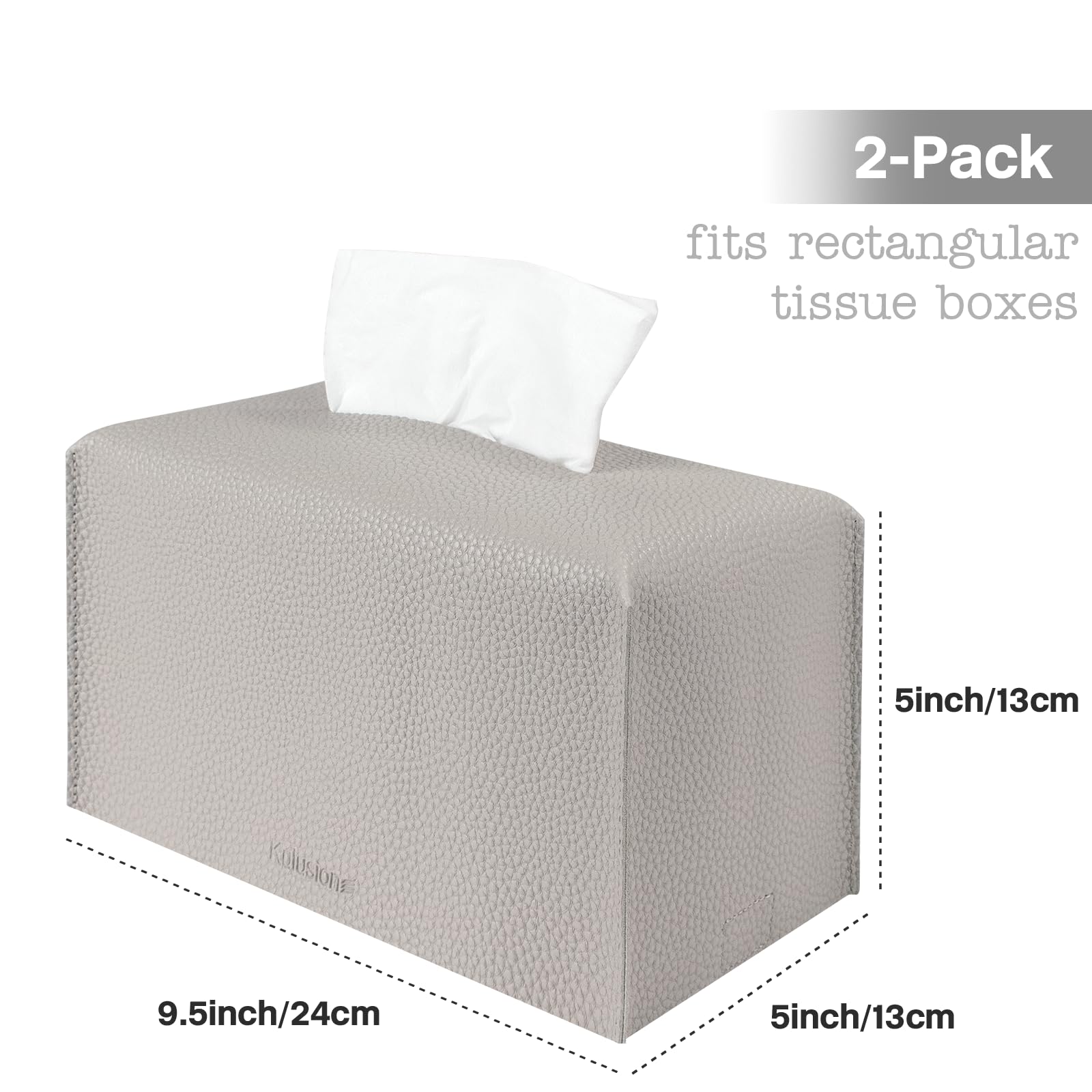 2Pcs Tissue Box Cover Holder, Rectangular with Bottom Belt - PU Leather Tissue Cover Decorative Organizer for Tabletop, Bathroom, Car, Office,9.5X5X5 Inch - Light Gray