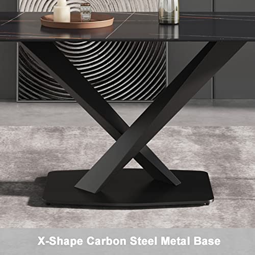 Rectangle Kitchen & Dining Table, Modern Dining Table, X-Shape Pedestal Table with Durable Sintered Stone Top for Home/Office/Conference/Apartment, 63" x 35.43", Black Tabletop Black Base
