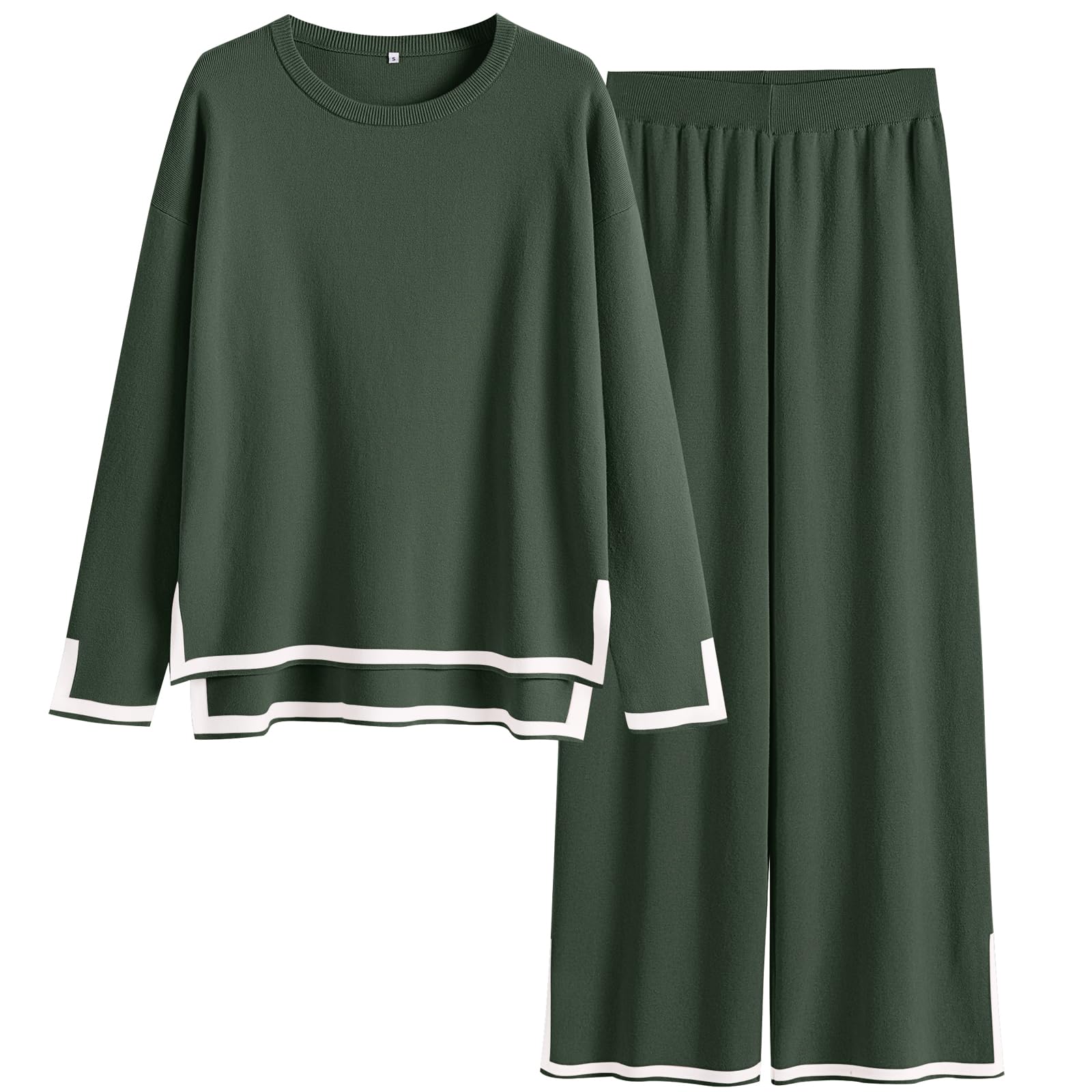 ANRABESS Women's Two Piece Outfits Long Sleeve Knit Pullover Sweater Tops & Wide leg Pants Casual Lounge Matching Sweatsuit Tracksuits Sets Army Green Large