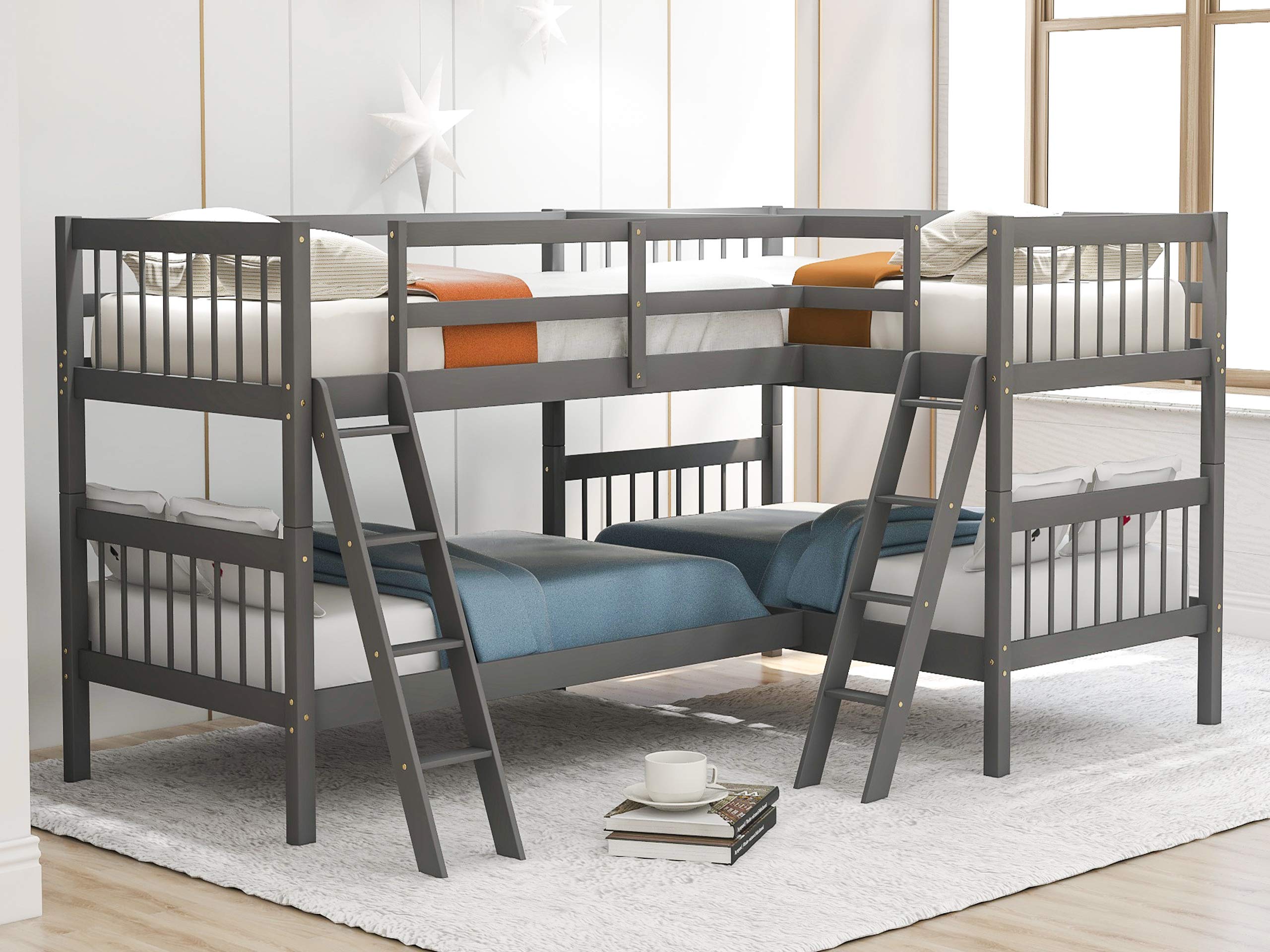 P PURLOVE Twin Over Twin Bunk Bed, L-Shaped Twin Size Bunk Bed Frame Wood Slat Support No Box Spring Needed (Gray)