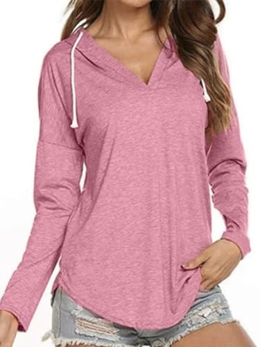 LYANER Women's Casual V Neck Long Sleeve Drawstring Pullover Hoodies Sweatshirt Pink Medium