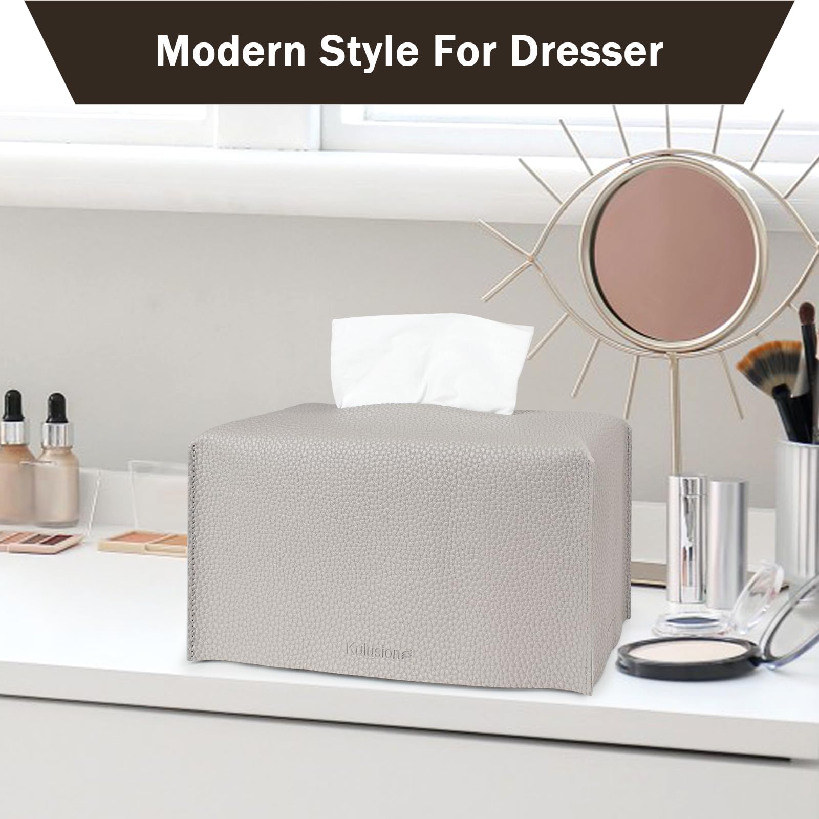 2Pcs Tissue Box Cover Holder, Rectangular with Bottom Belt - PU Leather Tissue Cover Decorative Organizer for Tabletop, Bathroom, Car, Office,9.5X5X5 Inch - Light Gray
