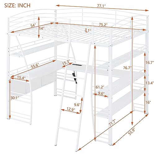 HAUSHECK Full Size Loft Bed with L-Shaped Desk & 4-Tier Open Shelves & Sockets & USB Ports & Wireless Charging Design, Sturdy Metal Bedframe w/Ladder & Safety Guardrails for Kids Teens Adults