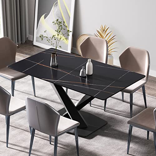 Rectangle Kitchen & Dining Table, Modern Dining Table, X-Shape Pedestal Table with Durable Sintered Stone Top for Home/Office/Conference/Apartment, 63" x 35.43", Black Tabletop Black Base