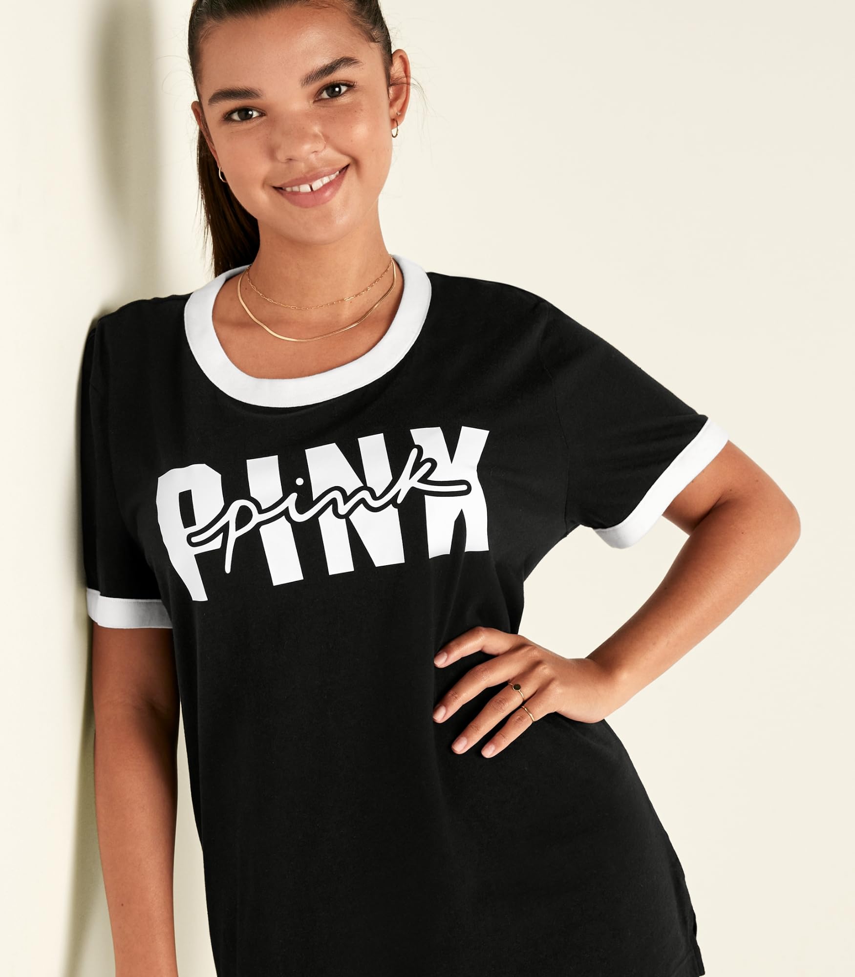 Victoria's Secret Women's PINK Logo Short Sleeve T-Shirt, Women T Shirt, Black Script, (XL)