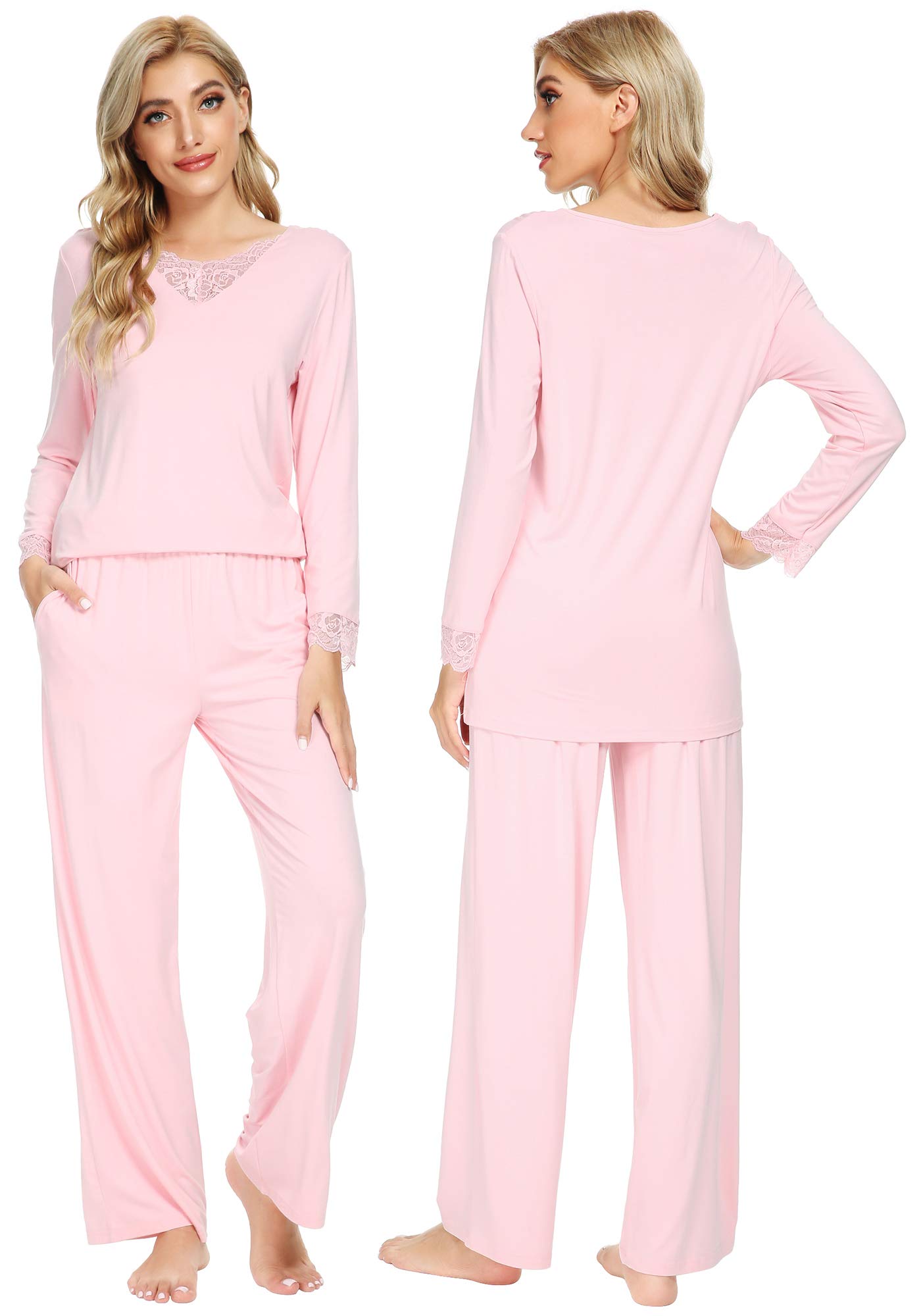 WiWi Viscose from Bamboo Pajamas Sets for Women Long Sleeve Sleepwear Soft V Neck Top with Pants Plus Size Pjs S-4X, Pink, X-Large