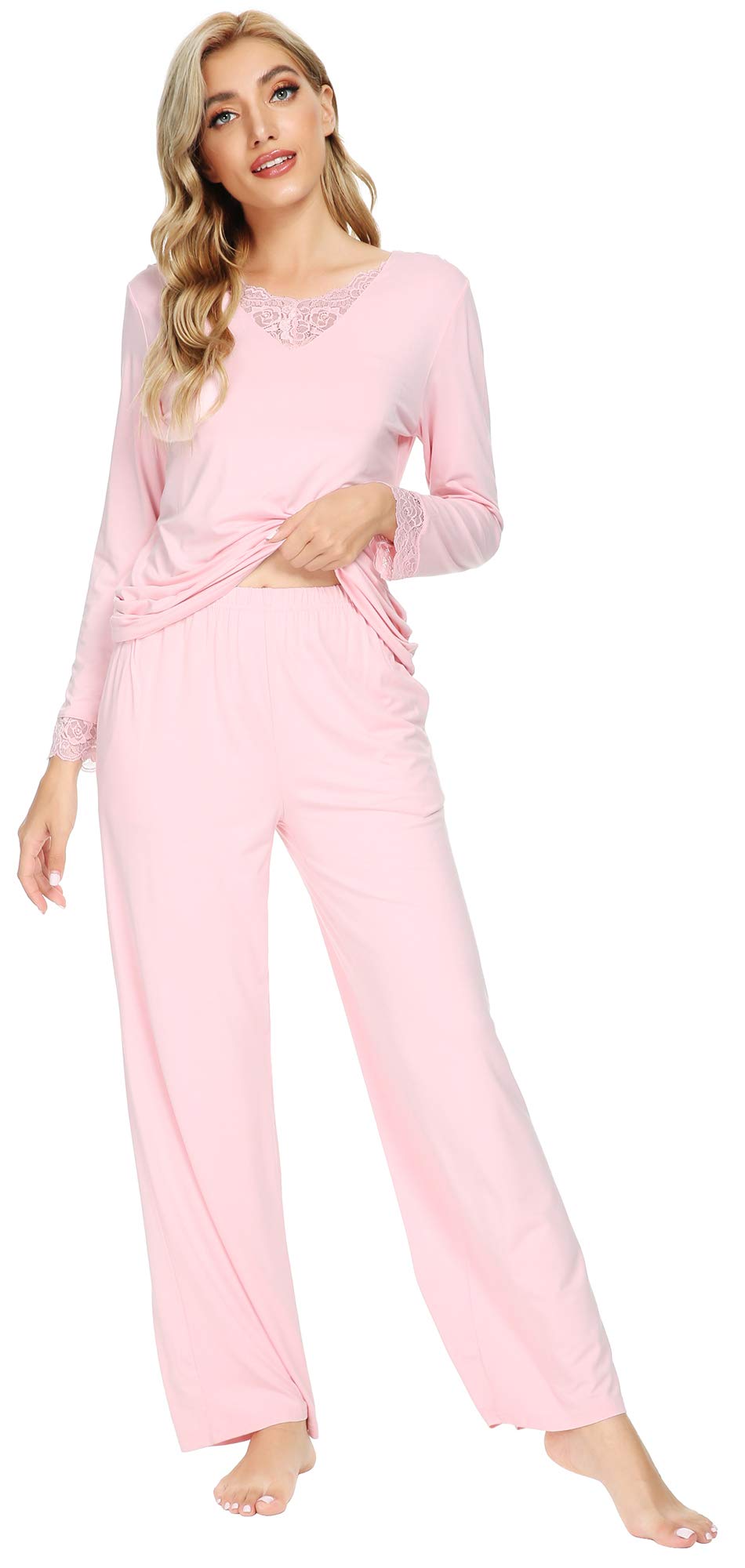 WiWi Viscose from Bamboo Pajamas Sets for Women Long Sleeve Sleepwear Soft V Neck Top with Pants Plus Size Pjs S-4X, Pink, X-Large