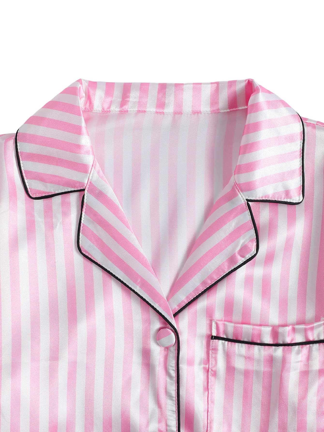 LYANER Women's Pajamas Set 7pcs Silk Satin Sleepwear Loungewear Cami Shirt Pj Set Striped Pink Medium