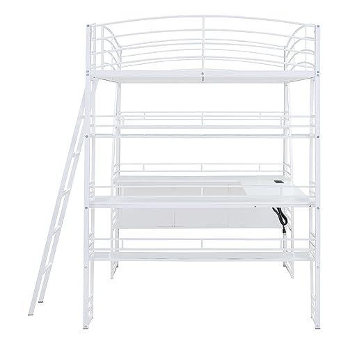 HAUSHECK Full Size Loft Bed with L-Shaped Desk & 4-Tier Open Shelves & Sockets & USB Ports & Wireless Charging Design, Sturdy Metal Bedframe w/Ladder & Safety Guardrails for Kids Teens Adults