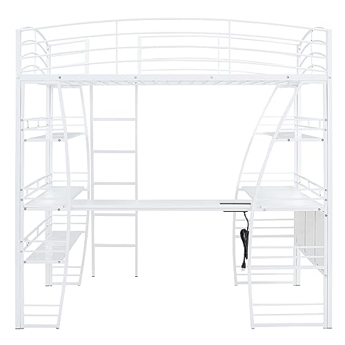 HAUSHECK Full Size Loft Bed with L-Shaped Desk & 4-Tier Open Shelves & Sockets & USB Ports & Wireless Charging Design, Sturdy Metal Bedframe w/Ladder & Safety Guardrails for Kids Teens Adults