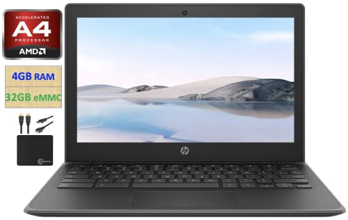 HP 2022 Newest Chromebook Laptop Student Business, 11.6" HD Display, AMD A4-9120C Processor (Up to 2.4GHz), 4GB RAM, 32GB eMMC,HD Webcam,WiFi 5, Bluetooth, Long Battery Life, Chrome OS +MarxsolCables