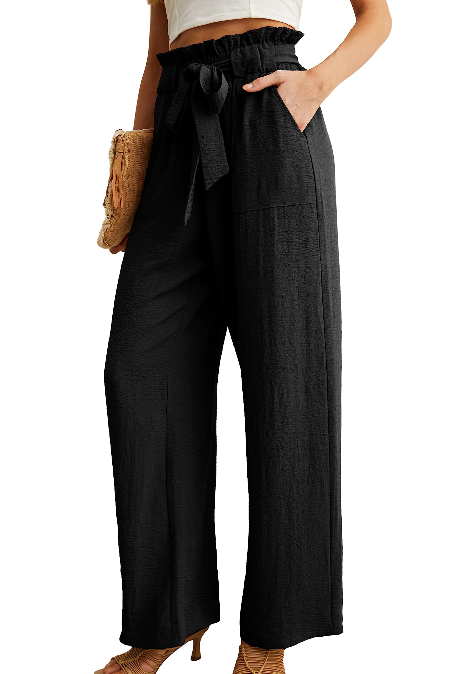 IWOLLENCE Women's Wide Leg Pants with Pockets High Waist Adjustable Knot Loose Casual Trousers Business Work Casual Pants Black Large