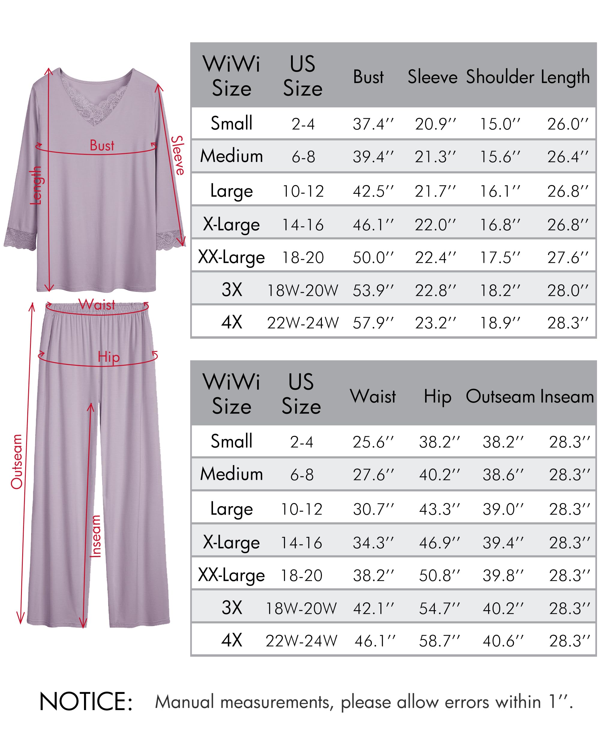 WiWi Viscose from Bamboo Pajamas Sets for Women Long Sleeve Sleepwear Soft V Neck Top with Pants Plus Size Pjs S-4X, Pink, X-Large
