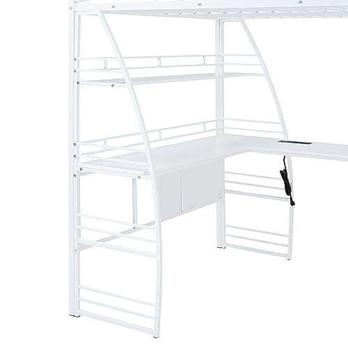 HAUSHECK Full Size Loft Bed with L-Shaped Desk & 4-Tier Open Shelves & Sockets & USB Ports & Wireless Charging Design, Sturdy Metal Bedframe w/Ladder & Safety Guardrails for Kids Teens Adults