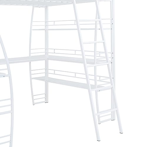 HAUSHECK Full Size Loft Bed with L-Shaped Desk & 4-Tier Open Shelves & Sockets & USB Ports & Wireless Charging Design, Sturdy Metal Bedframe w/Ladder & Safety Guardrails for Kids Teens Adults