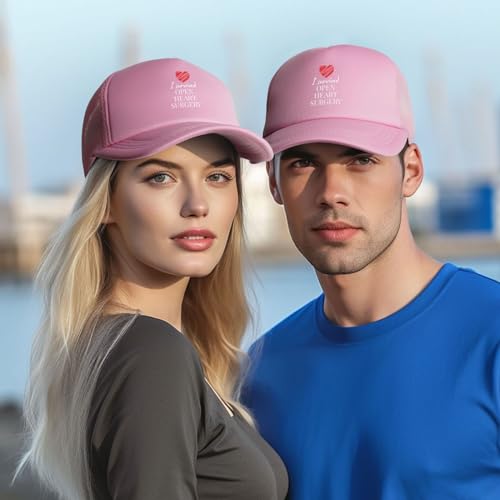 I Survived Open Heart Surgery Baseball Hat Classic Solid Color Adjustable Mesh Baseball Cap for Men Women Pink