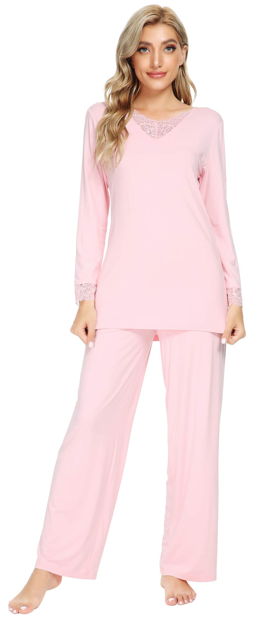 WiWi Viscose from Bamboo Pajamas Sets for Women Long Sleeve Sleepwear Soft V Neck Top with Pants Plus Size Pjs S-4X, Pink, X-Large