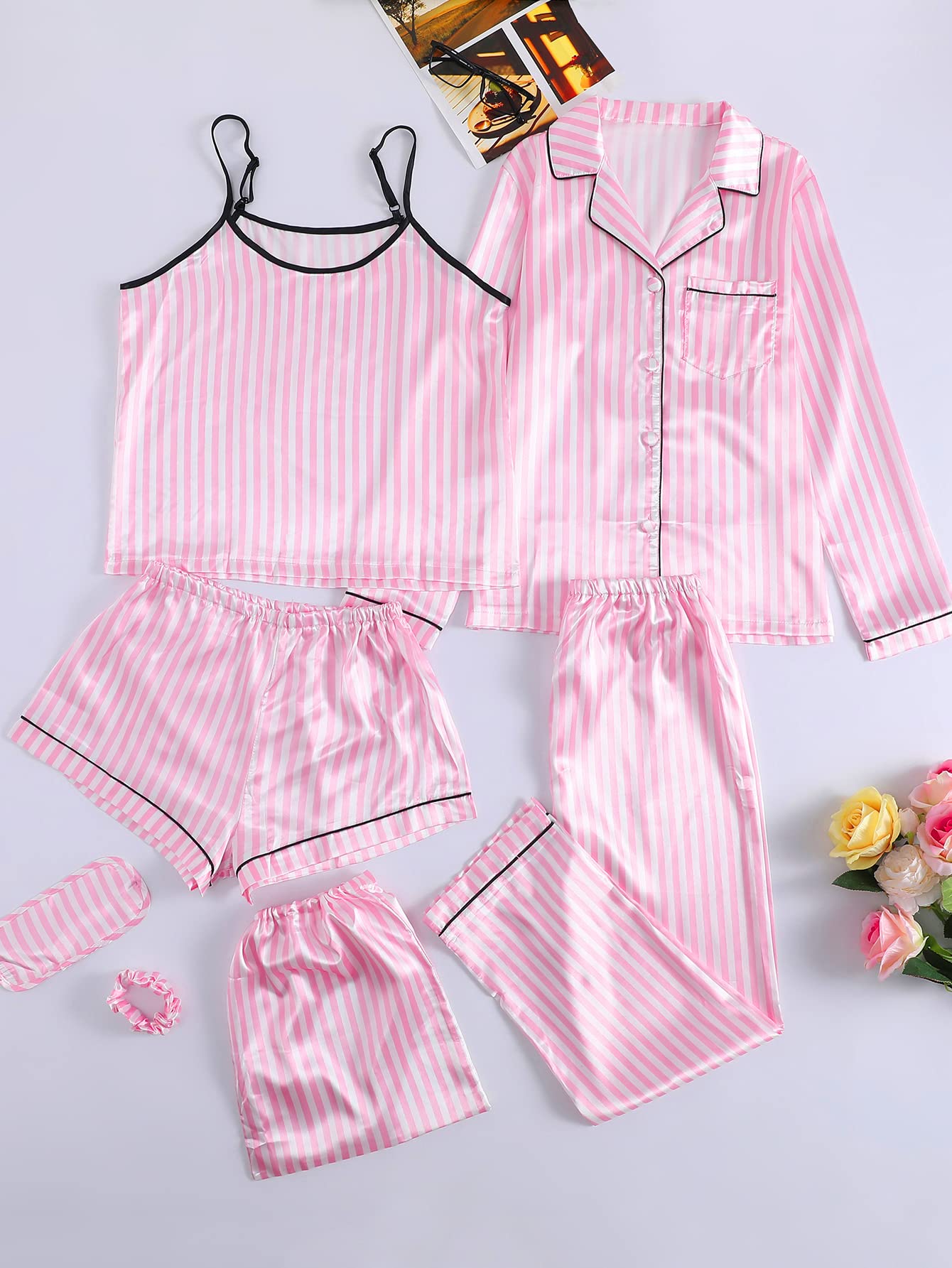 LYANER Women's Pajamas Set 7pcs Silk Satin Sleepwear Loungewear Cami Shirt Pj Set Striped Pink Medium