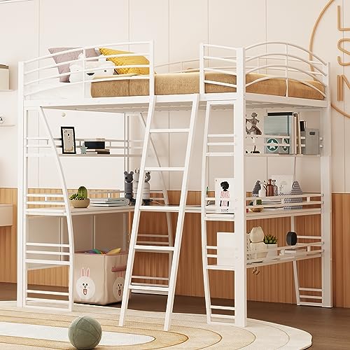 HAUSHECK Full Size Loft Bed with L-Shaped Desk & 4-Tier Open Shelves & Sockets & USB Ports & Wireless Charging Design, Sturdy Metal Bedframe w/Ladder & Safety Guardrails for Kids Teens Adults