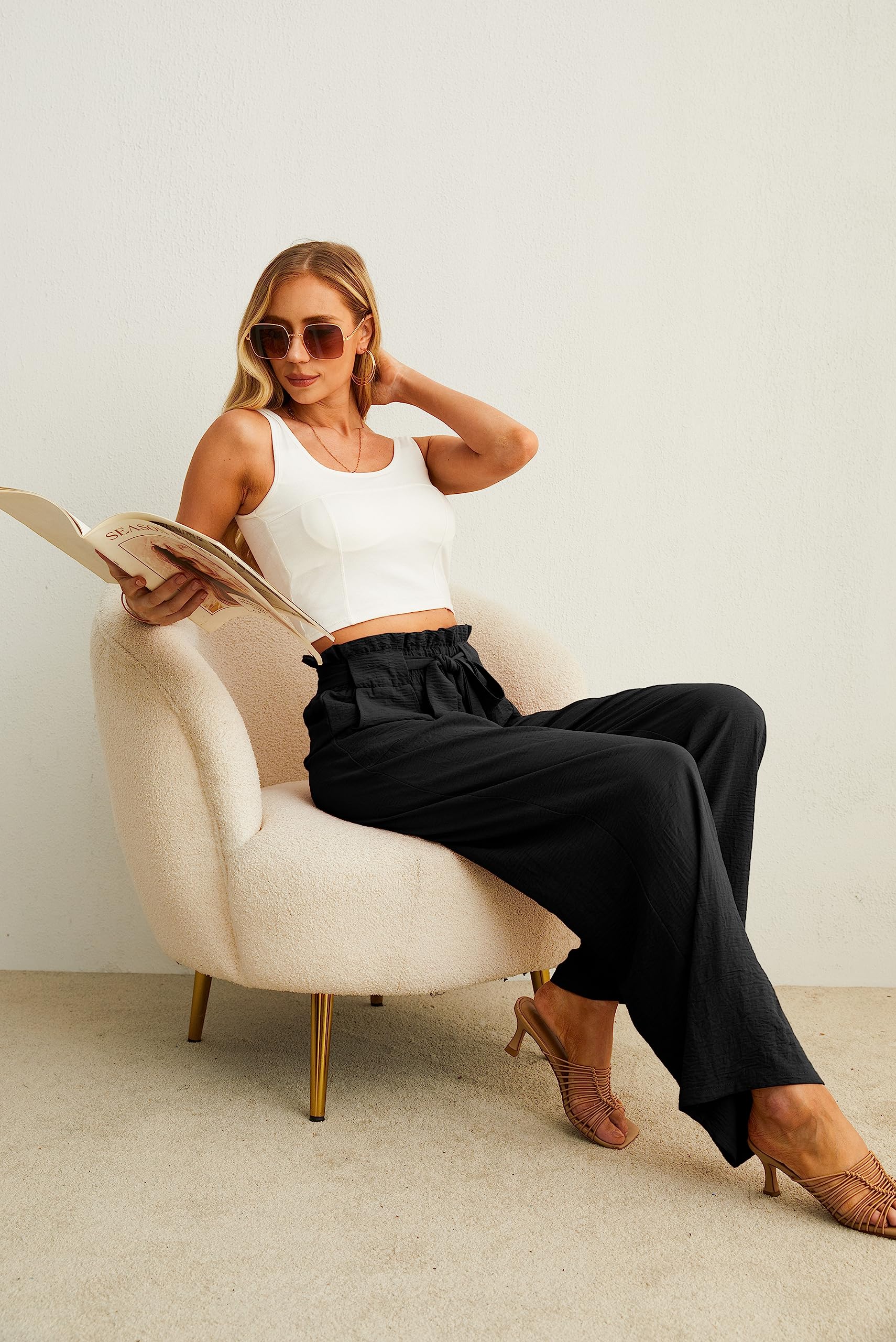IWOLLENCE Women's Wide Leg Pants with Pockets High Waist Adjustable Knot Loose Casual Trousers Business Work Casual Pants Black Large
