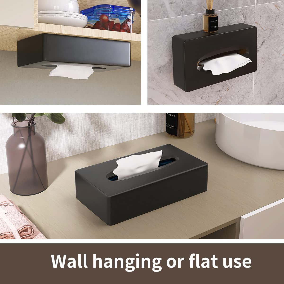 Y-in Hand Tissue Box Cover, Rectangular Black Wall Mounted Facial Paper Holder Dispenser, Prefert for Storage on Bathroom Vanity, Kitchen, Night Stand, Countertops Office and Car.