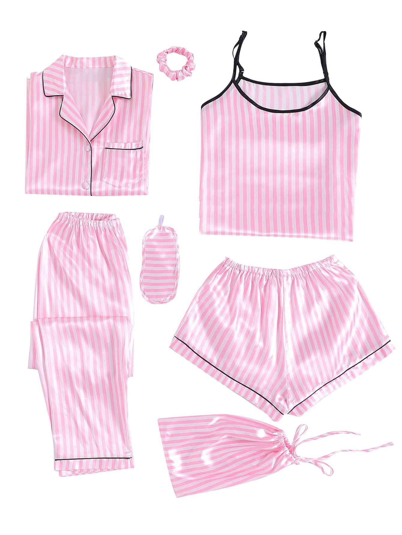 LYANER Women's Pajamas Set 7pcs Silk Satin Sleepwear Loungewear Cami Shirt Pj Set Striped Pink Medium