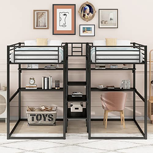 Harper & Bright Designs Double Loft Bed with Desk, Twin & Twin Size Loft Bed with Stairs and Storage Shelves, Twin Over Twin Metal Bunk Bed Frame for Kids Teens Adults, Black