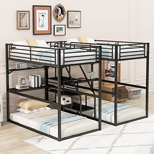 Harper & Bright Designs Double Loft Bed with Desk, Twin & Twin Size Loft Bed with Stairs and Storage Shelves, Twin Over Twin Metal Bunk Bed Frame for Kids Teens Adults, Black