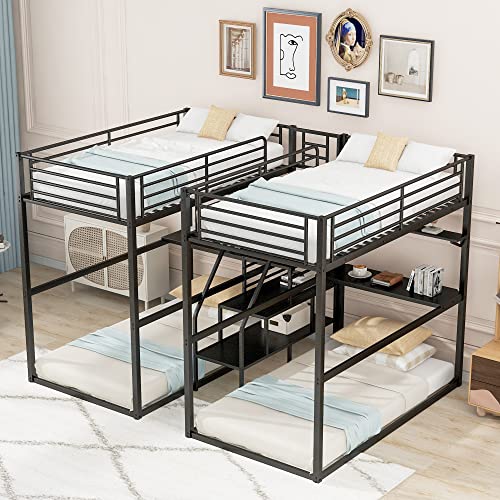 Harper & Bright Designs Double Loft Bed with Desk, Twin & Twin Size Loft Bed with Stairs and Storage Shelves, Twin Over Twin Metal Bunk Bed Frame for Kids Teens Adults, Black