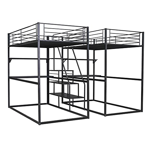 Harper & Bright Designs Double Loft Bed with Desk, Twin & Twin Size Loft Bed with Stairs and Storage Shelves, Twin Over Twin Metal Bunk Bed Frame for Kids Teens Adults, Black