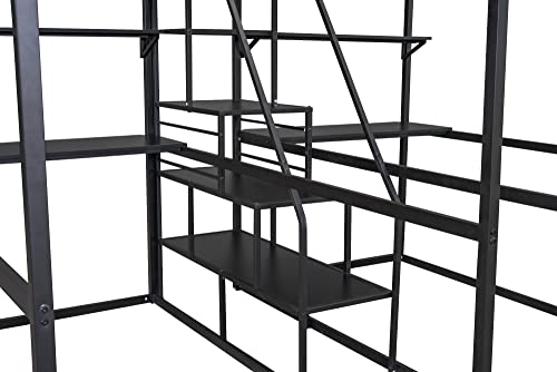 Harper & Bright Designs Double Loft Bed with Desk, Twin & Twin Size Loft Bed with Stairs and Storage Shelves, Twin Over Twin Metal Bunk Bed Frame for Kids Teens Adults, Black