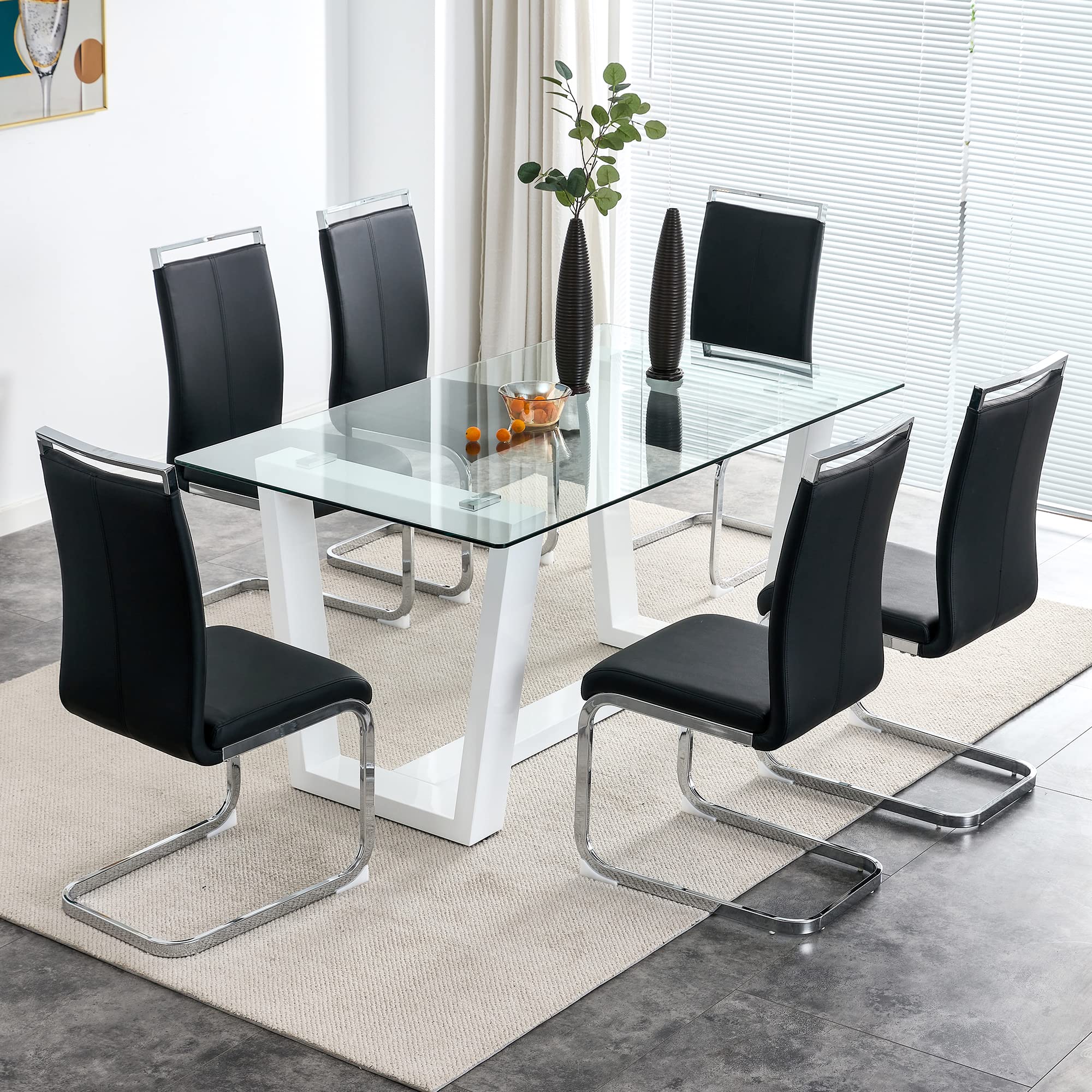 LKTART 63'' Tempered Glass Tabletop Industrial Rectangular Conference Table Dining Table with Black Leg Metal Frame(White)