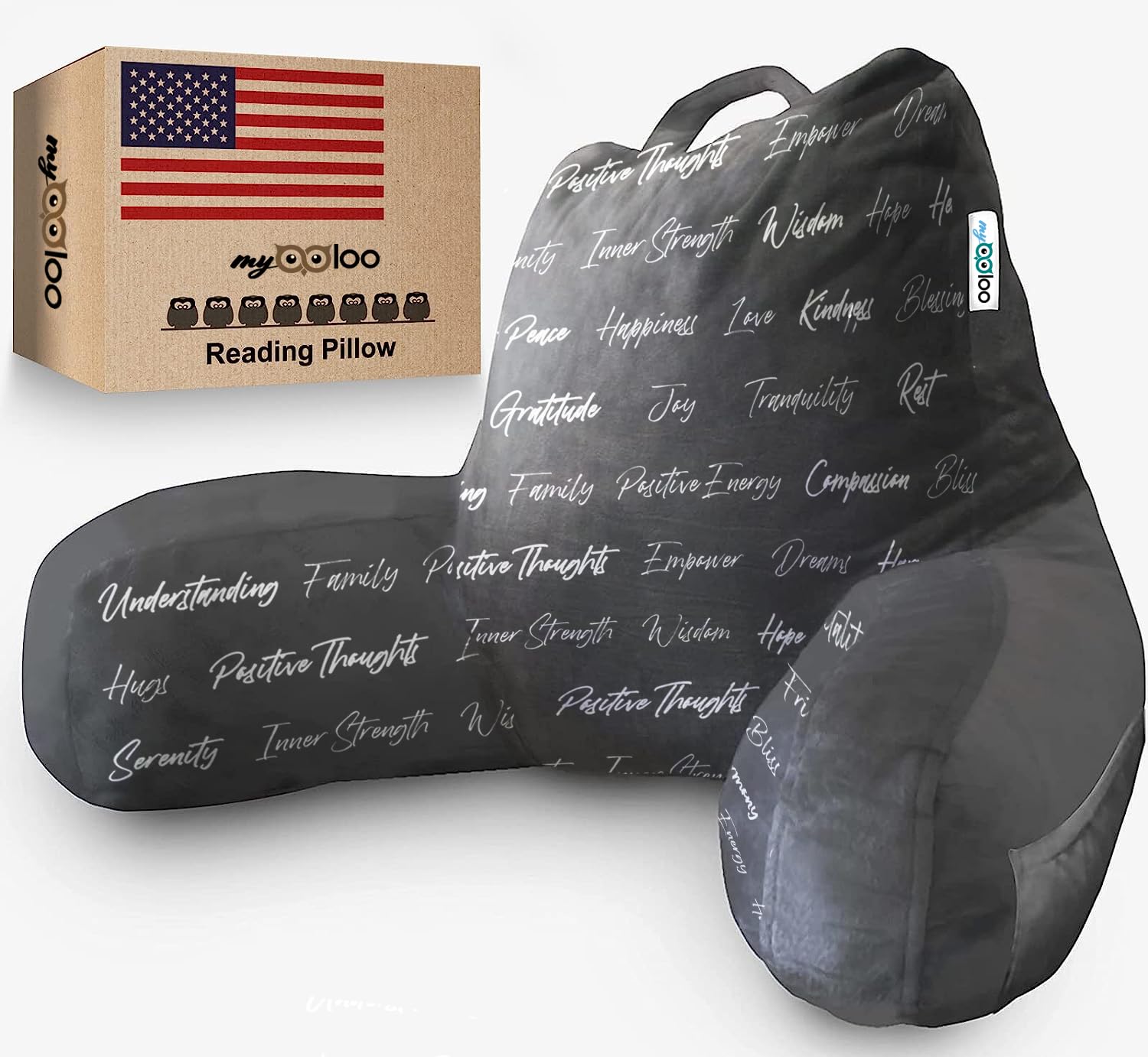 MYOOLOO Gratitude Reading Study Pillow Bed Wedge with Arms and Pockets Bolster Back Support Lumbar - Certified USA Made Memory Foam