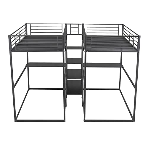 Harper & Bright Designs Double Loft Bed with Desk, Twin & Twin Size Loft Bed with Stairs and Storage Shelves, Twin Over Twin Metal Bunk Bed Frame for Kids Teens Adults, Black
