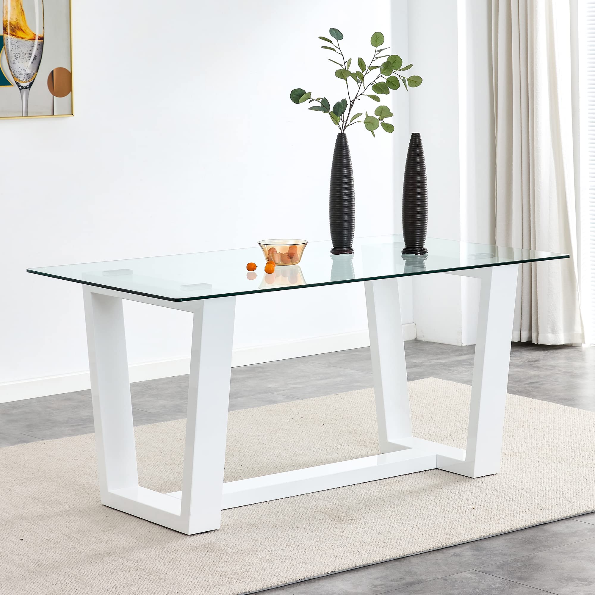 LKTART 63'' Tempered Glass Tabletop Industrial Rectangular Conference Table Dining Table with Black Leg Metal Frame(White)